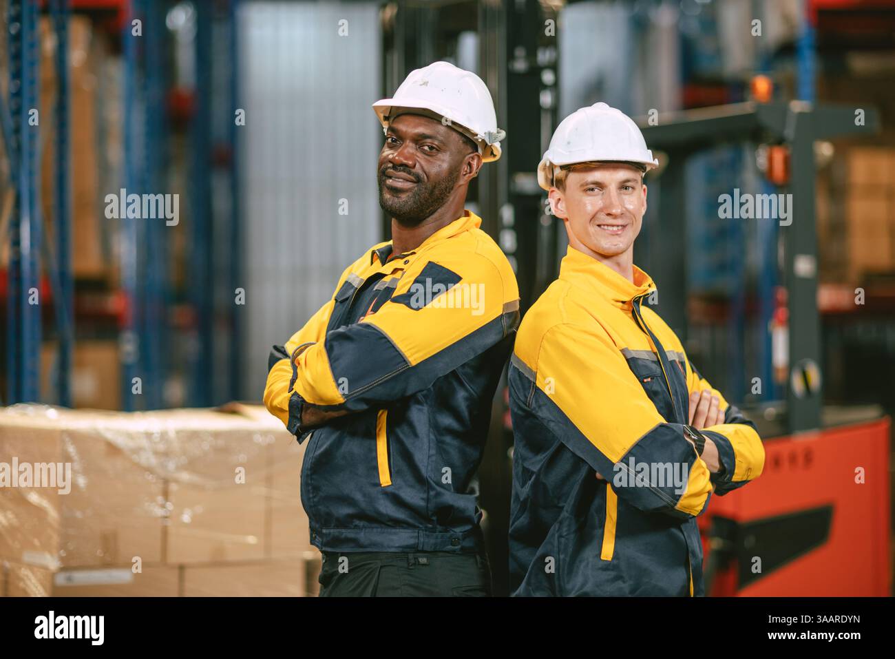 Portrait happy male worker colleague work in warehouse cargo employee ...