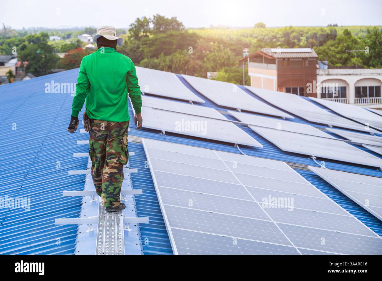 Professional Engineer Service Solar Panel. Worker Maintenance Cleaning ...