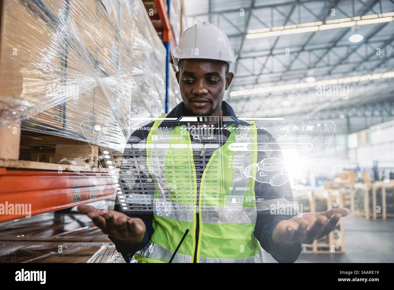 african black professional warehouse worker using digital modern device ...