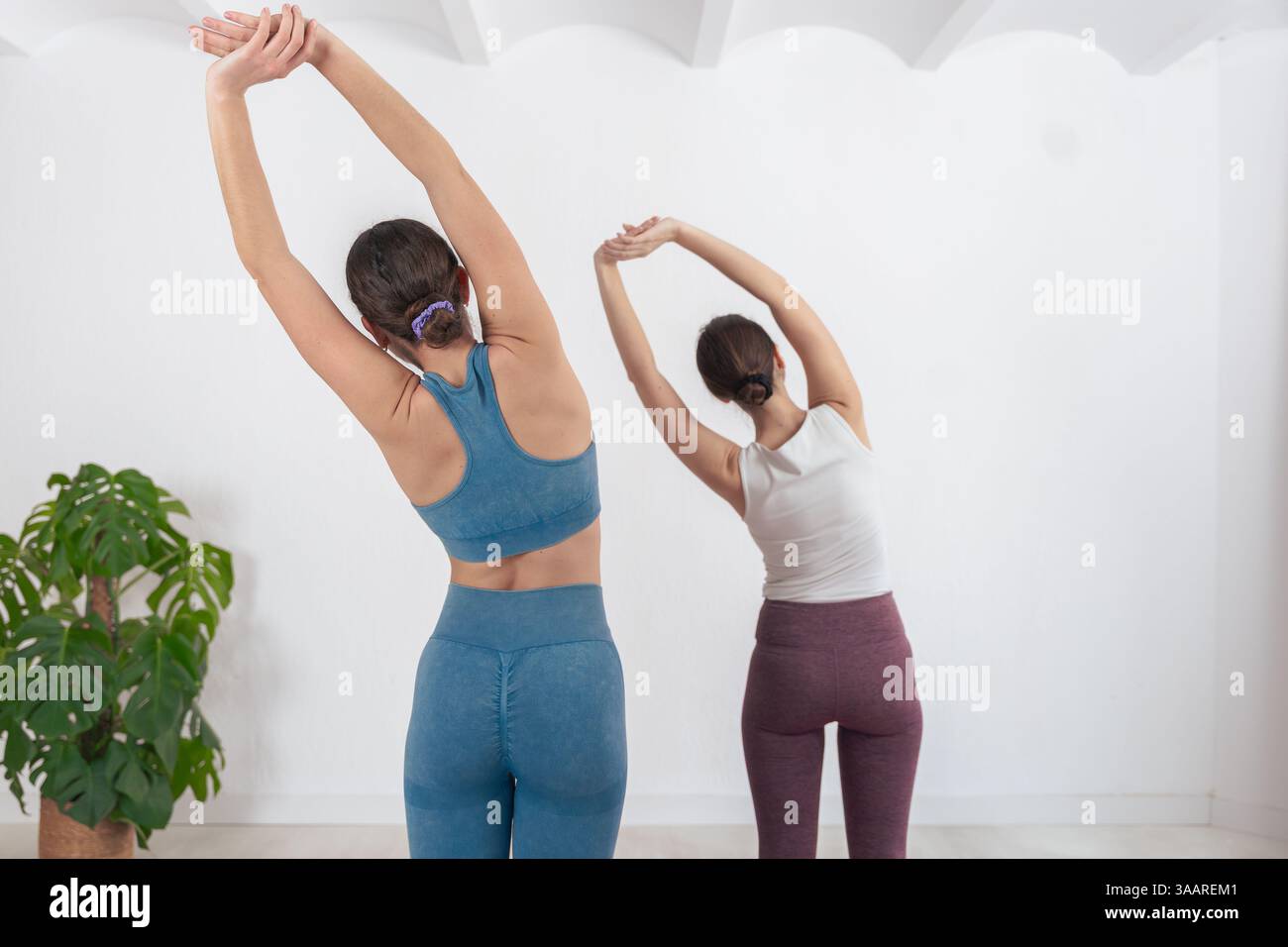 Back view of caucasian women stretching arms in yoga session indoors ...
