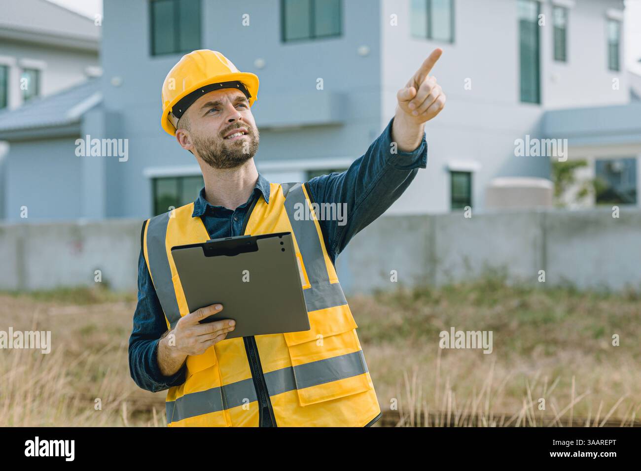 Construction Project manager, Worker happy smile, Caucasian engineer male standing wearing ...