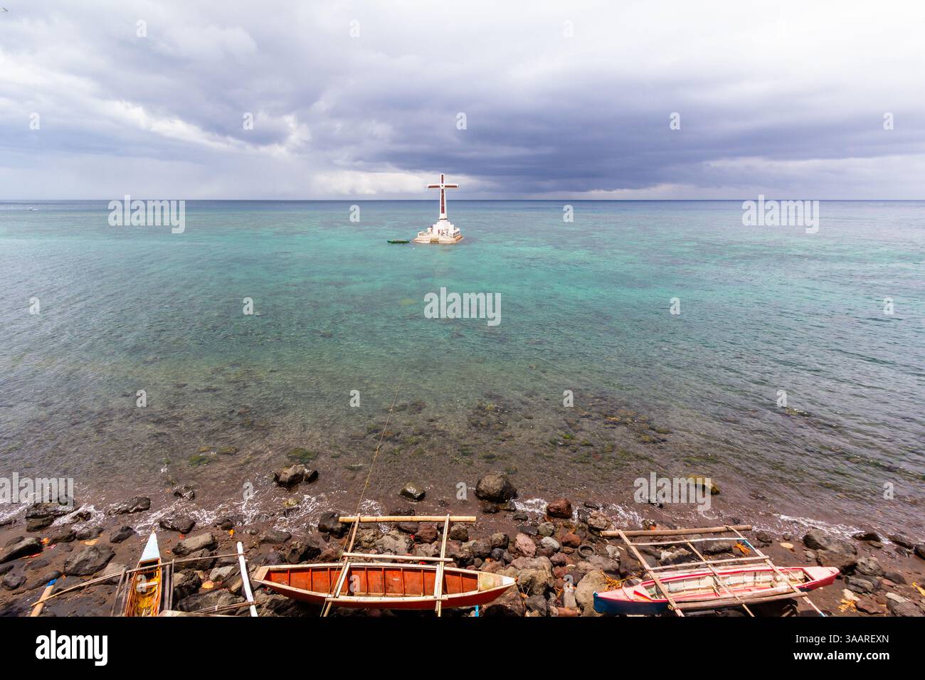 View of the huge cross at sea marking the site of the Sunken Cemetery ...