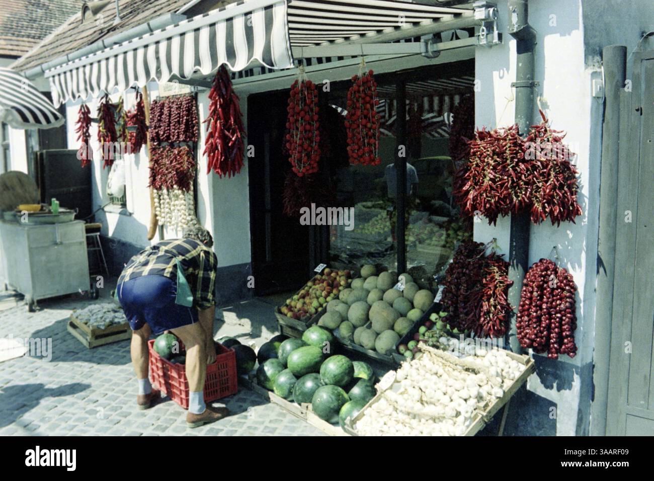 Vintage Outdoor Produce Market with Hanging Peppers and Garlic, 1980s ...