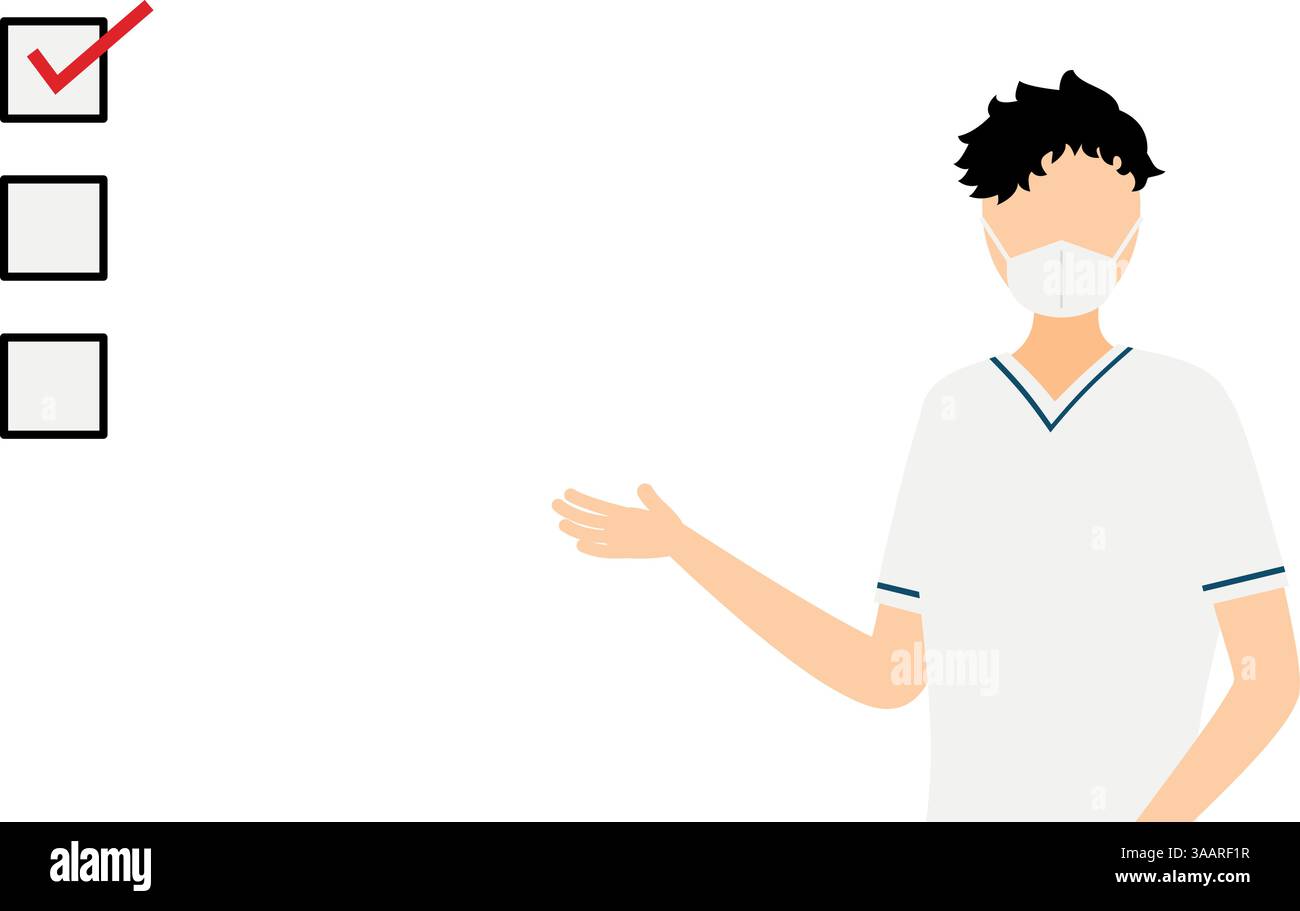 Simple illustration of a male nurse with dark hair using a checklist ...