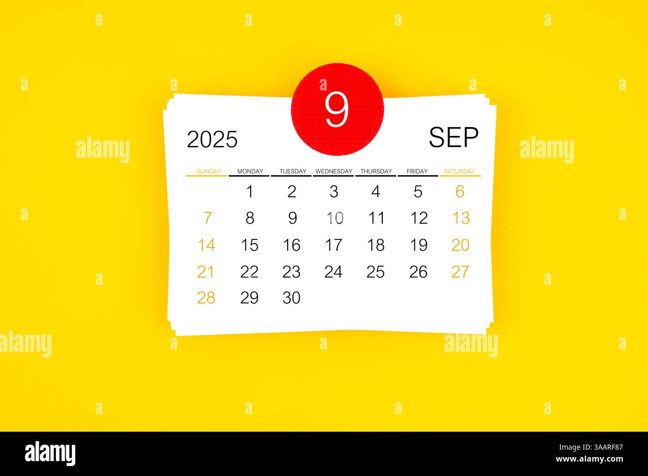 September 2025 card calendar on yellow color background Stock Photo - Alamy