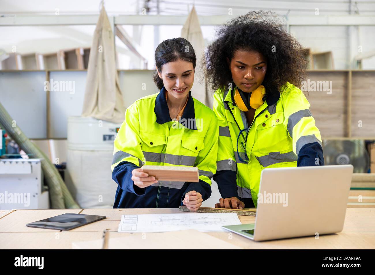 Professional product manager female staff worker team working in wood ...