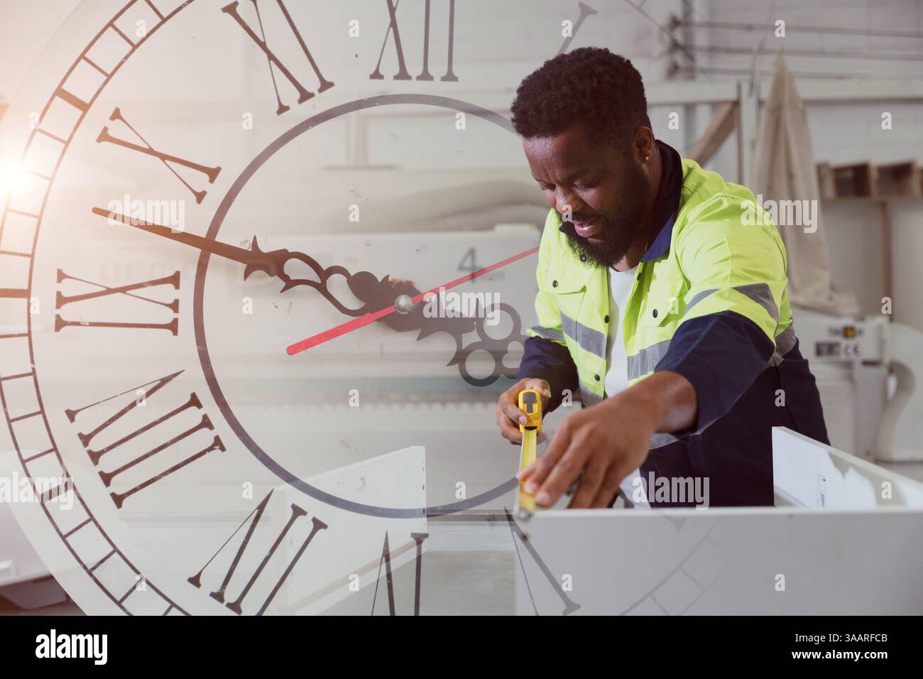 Industry African black worker builder hard working overlay with time ...