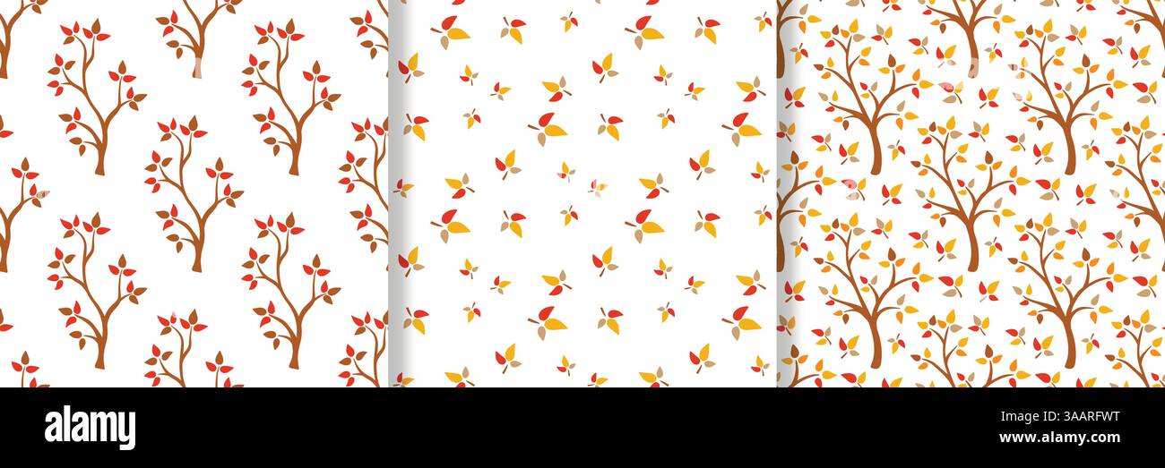 Autumn trees and falling leaves seamless pattern set. Fall season ...