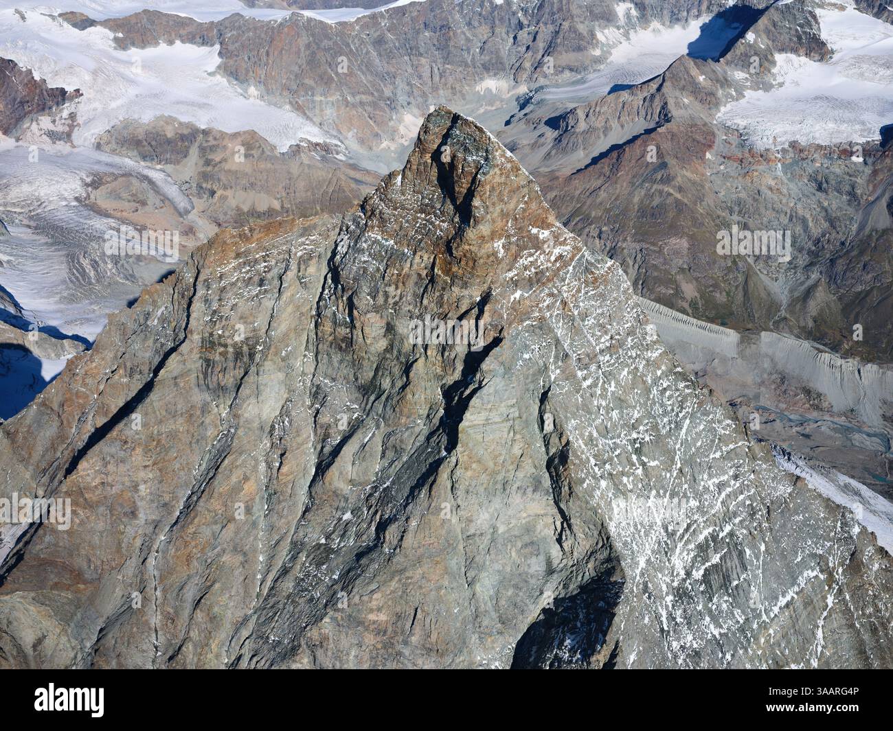 AERIAL VIEW. 4488-meter-high Cervino (in Italian) or Matterhorn (in ...