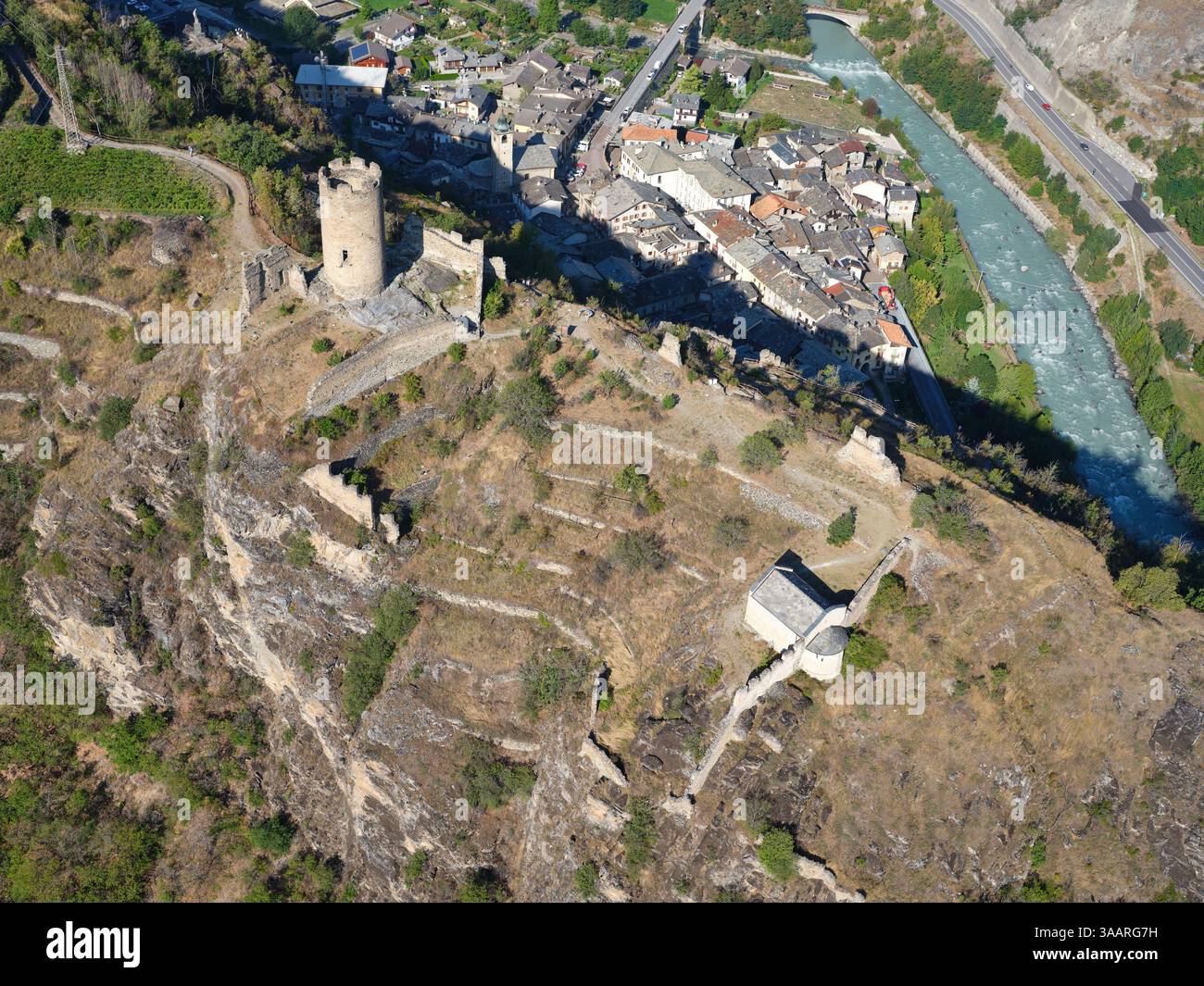 AERIAL VIEW. The ruins of the medieval castle of Châtel-Argent on a ...