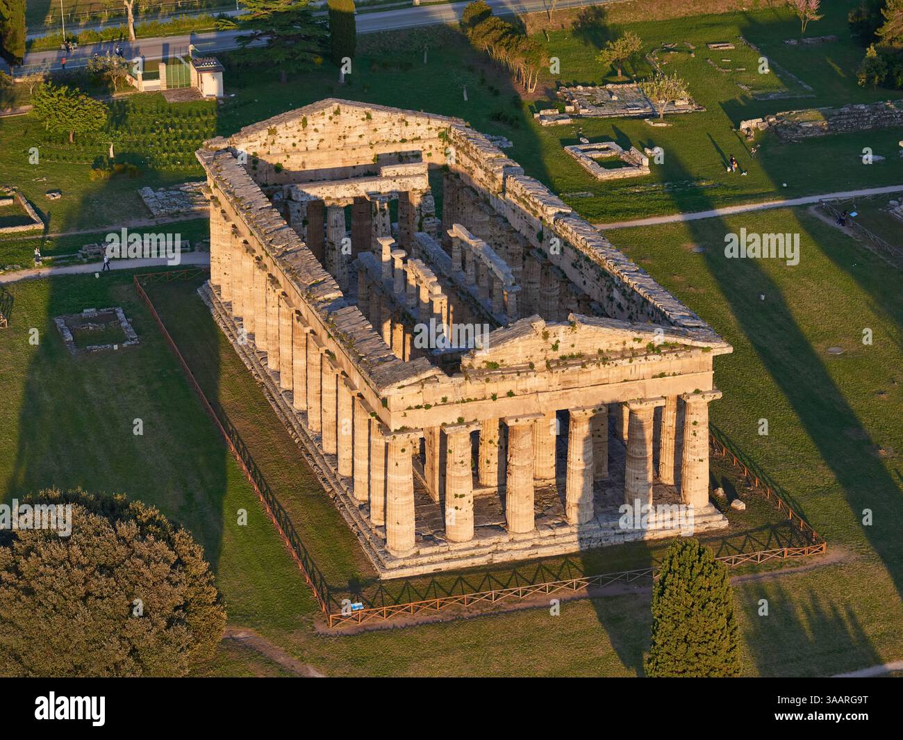 AERIAL VIEW. Greek temple of Hera II or Neptune. Paestum, Province of Salerno, Campania, Italy ...