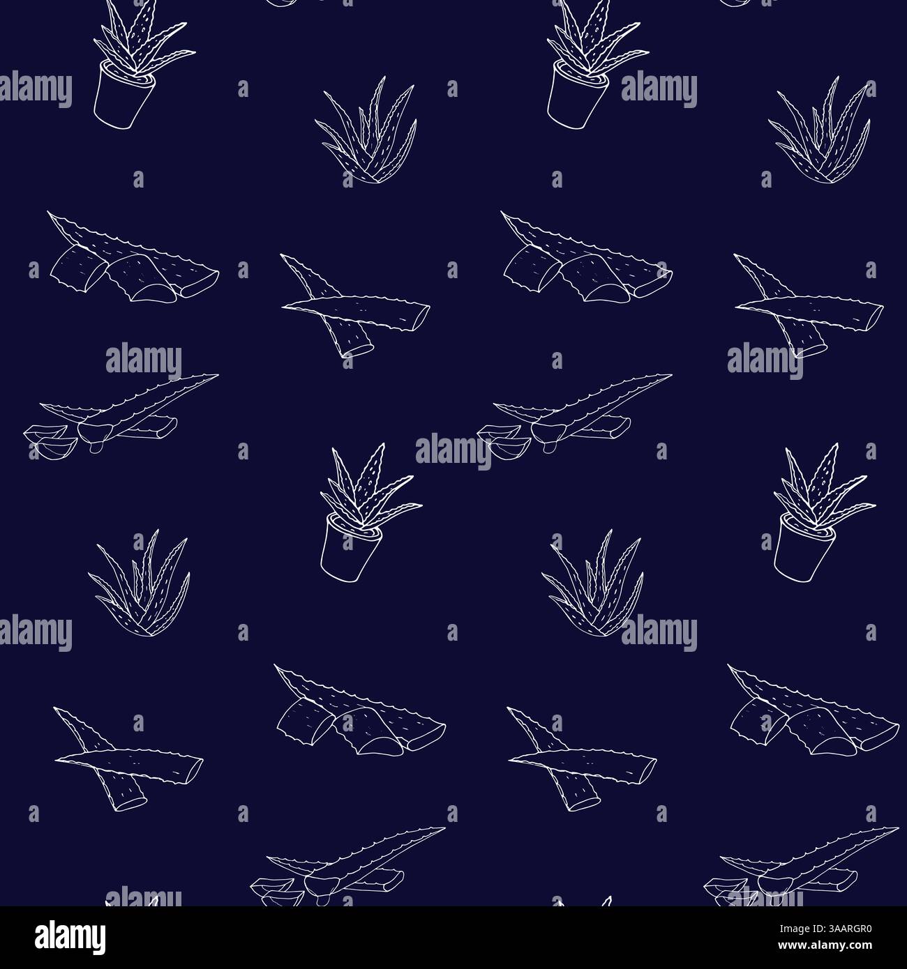 Hand-drawn aloe vera set seamless pattern on blue background ...