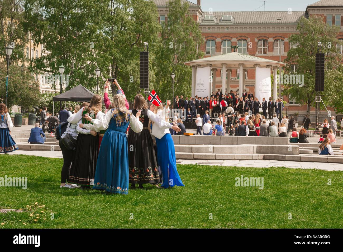 Oslo, view of young Norwegian women in national dress celebrating at a ...