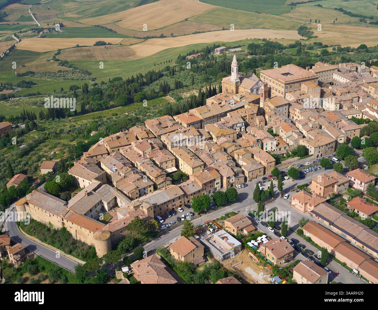 AERIAL VIEW. The medieval town of Pienza. Listed as a UNESCO World ...