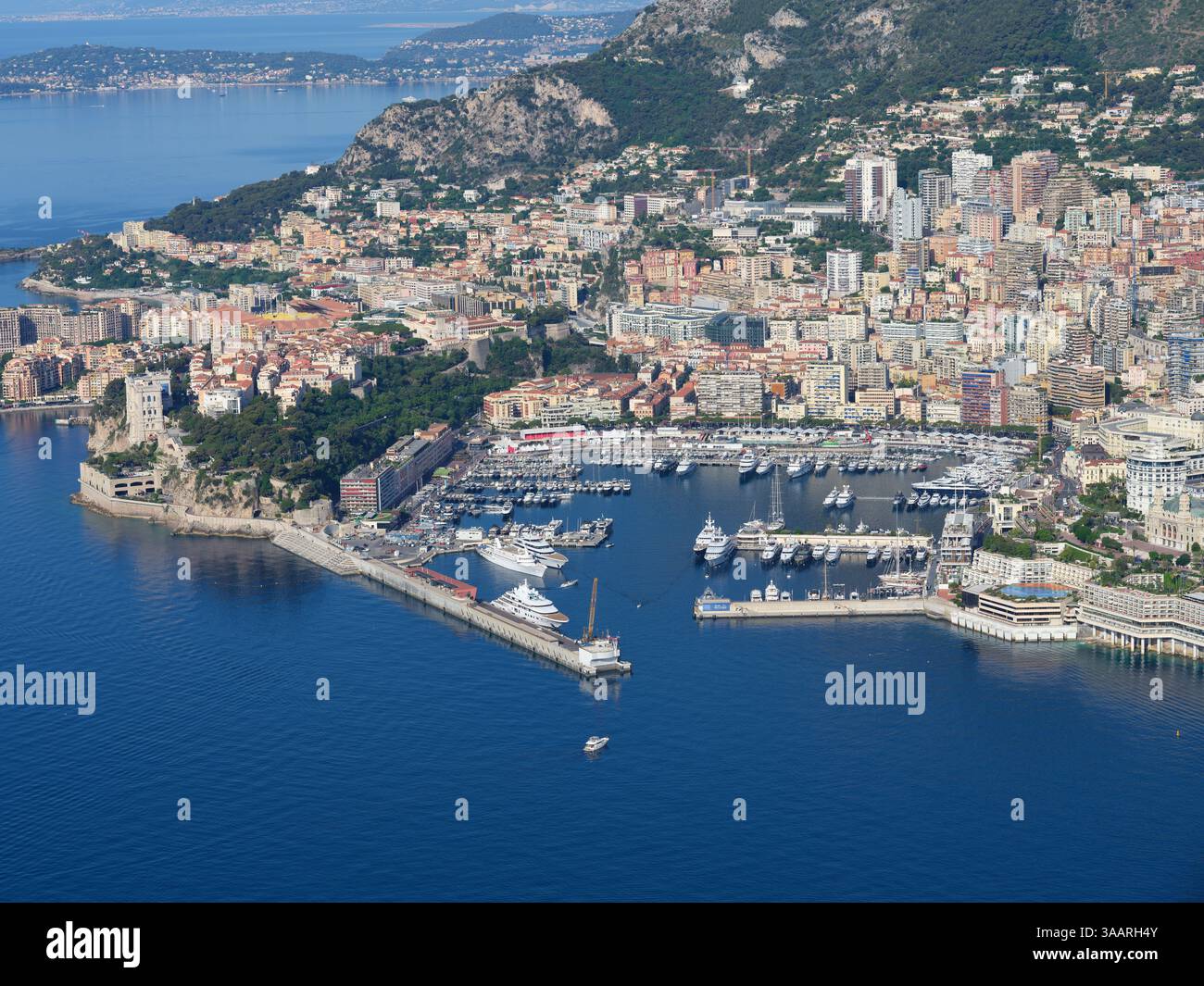 AERIAL VIEW. Historic Port Hercule in La Condamine. Monaco-Ville on the ...