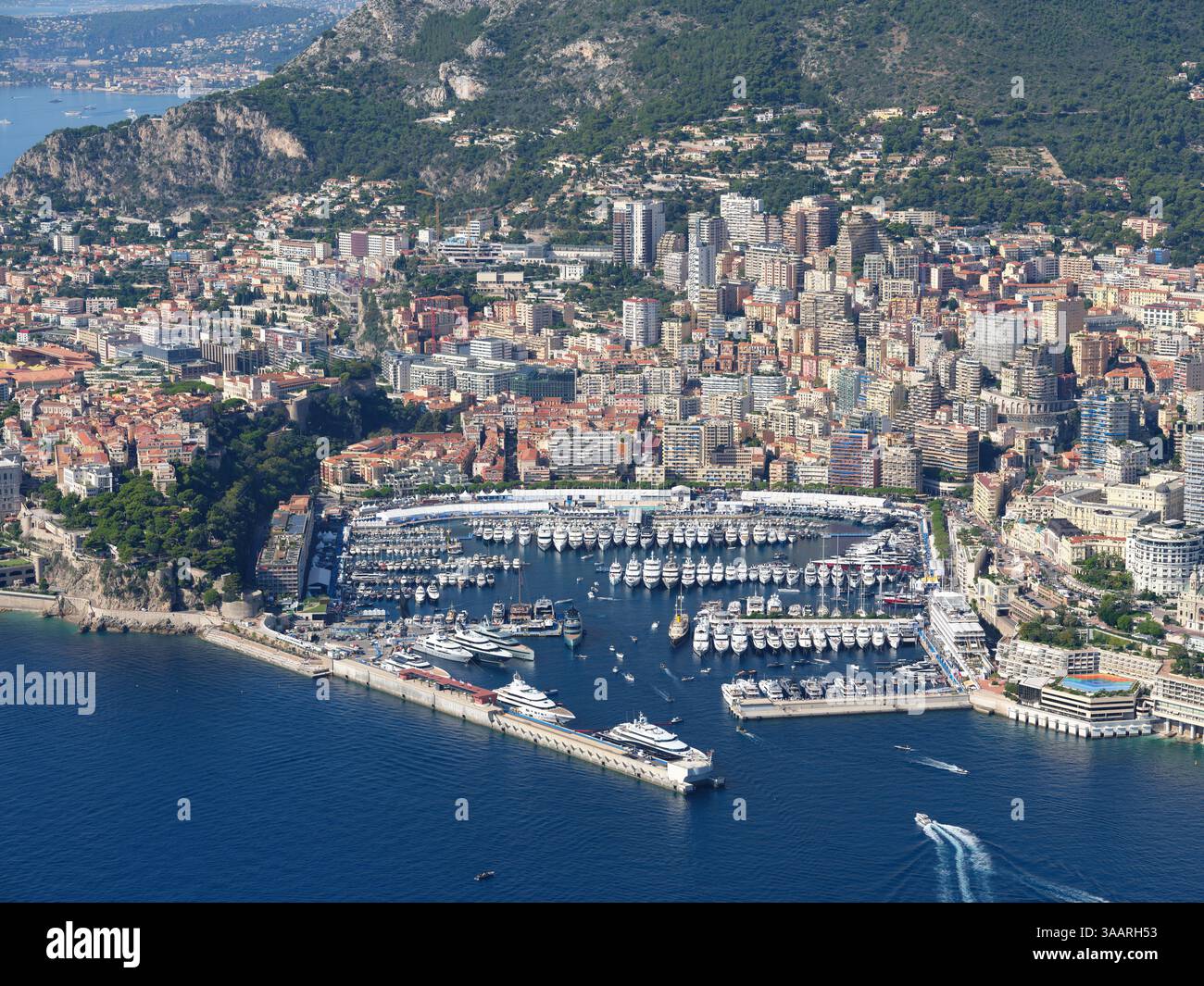 AERIAL VIEW. Historic Port Hercule in La Condamine. Monaco-Ville on the ...
