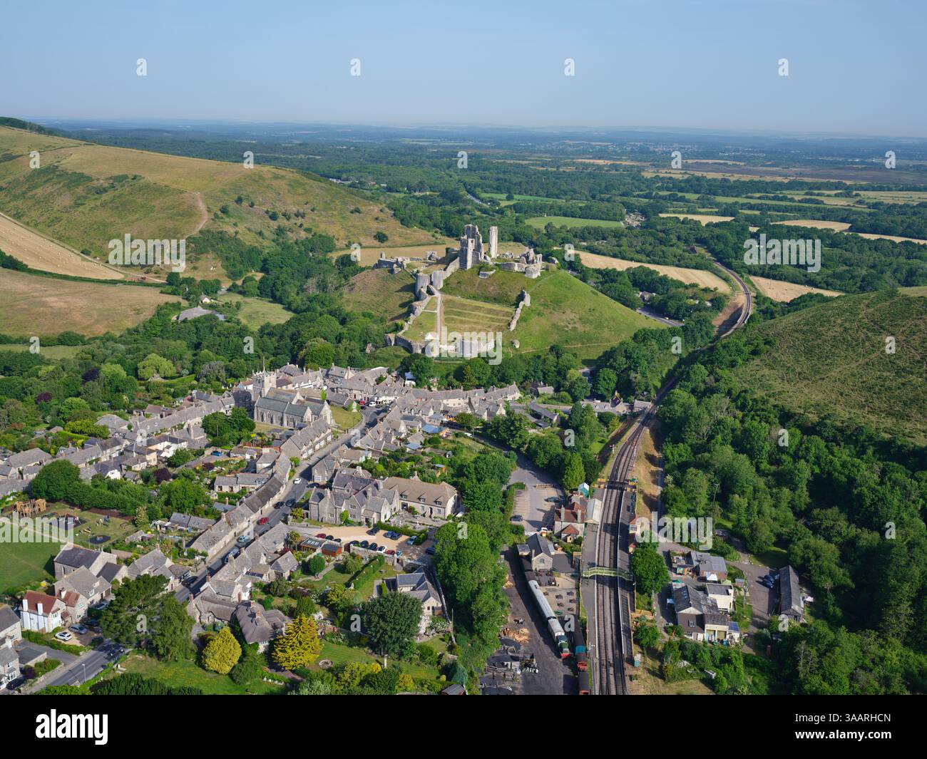 AERIAL VIEW. Corfe Castle in Dorset, England, United Kingdom Stock ...