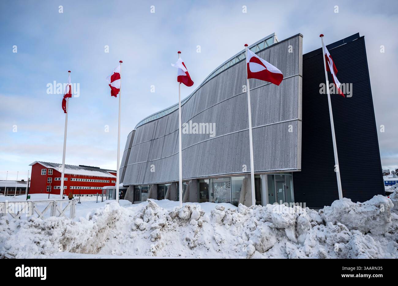 Flag of Greenland outside the Katuaq Cultural Center in Nuuk where the ...
