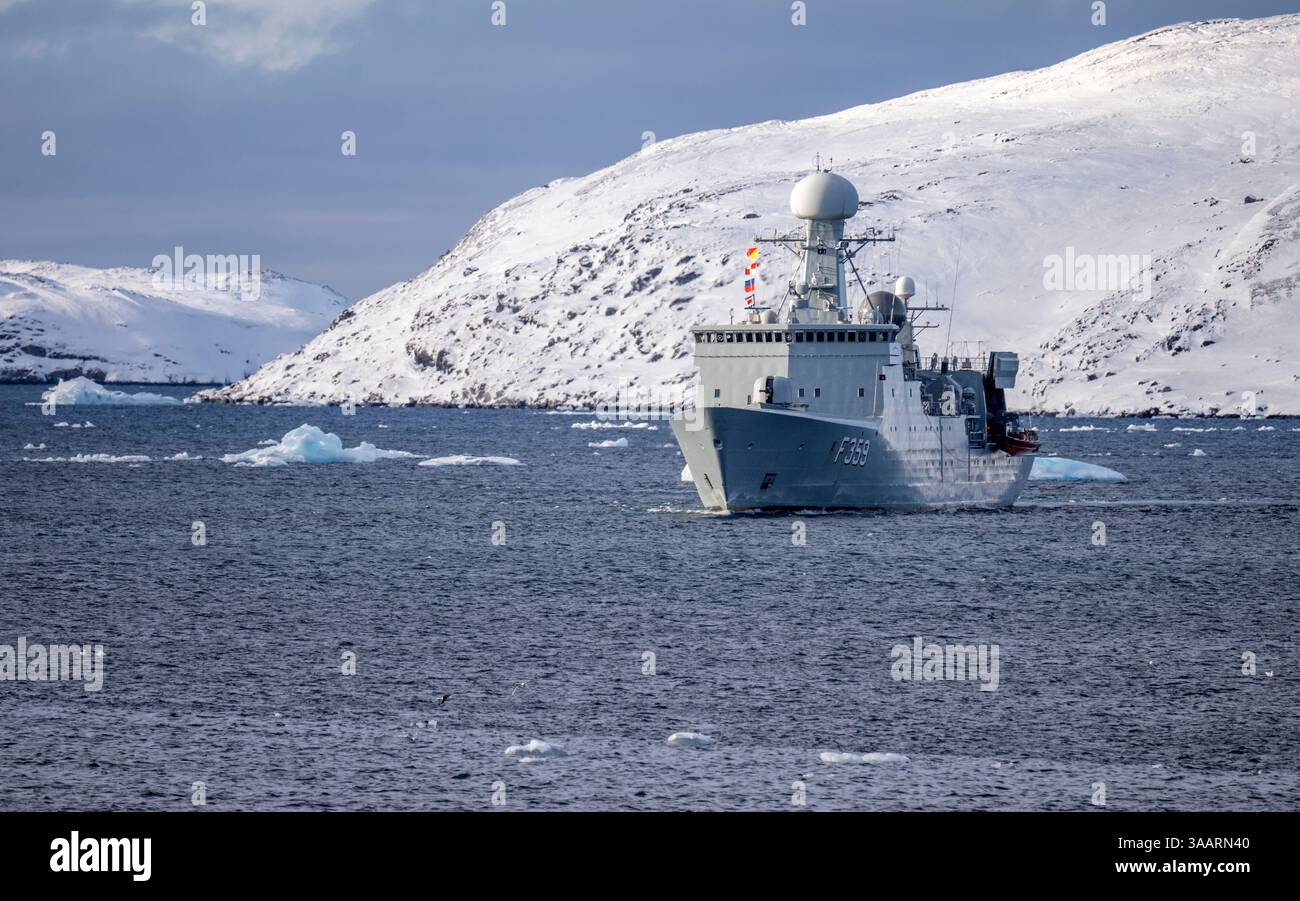 The Danish Thetis-class patrol vessel HDMS Vædderen ( F359 ) in the fjord outside Nuuk on ...