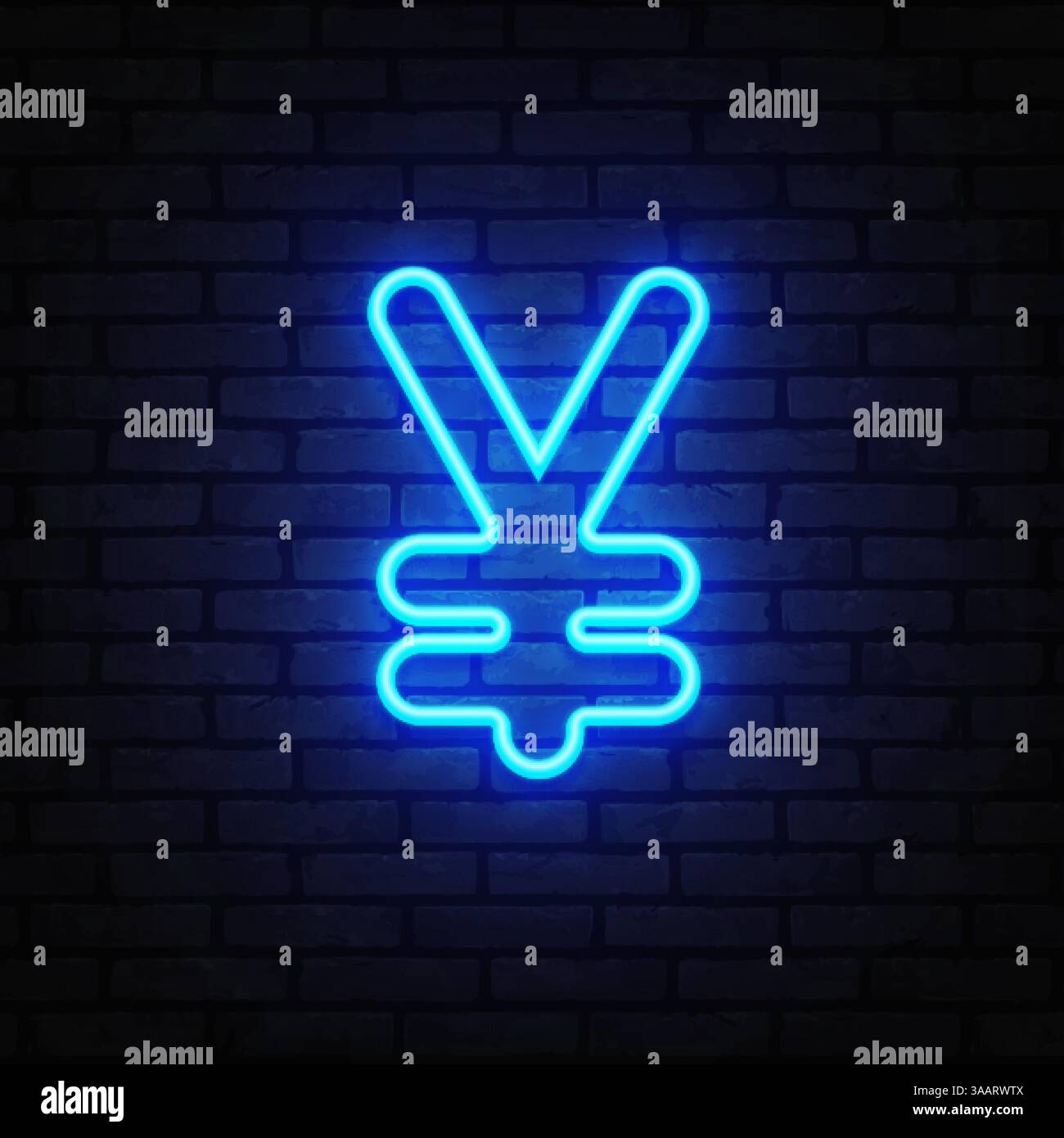 Yen sign in electric blue neon lines representing Japanese currency. Glowing symbol floats over ...