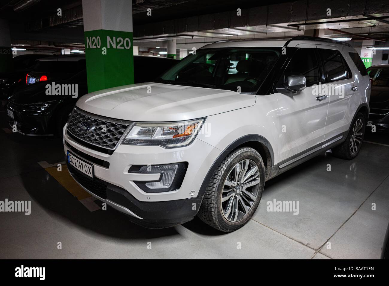 Lviv, Ukraine - March 31, 2025: Close-up of a white Ford Explorer ...