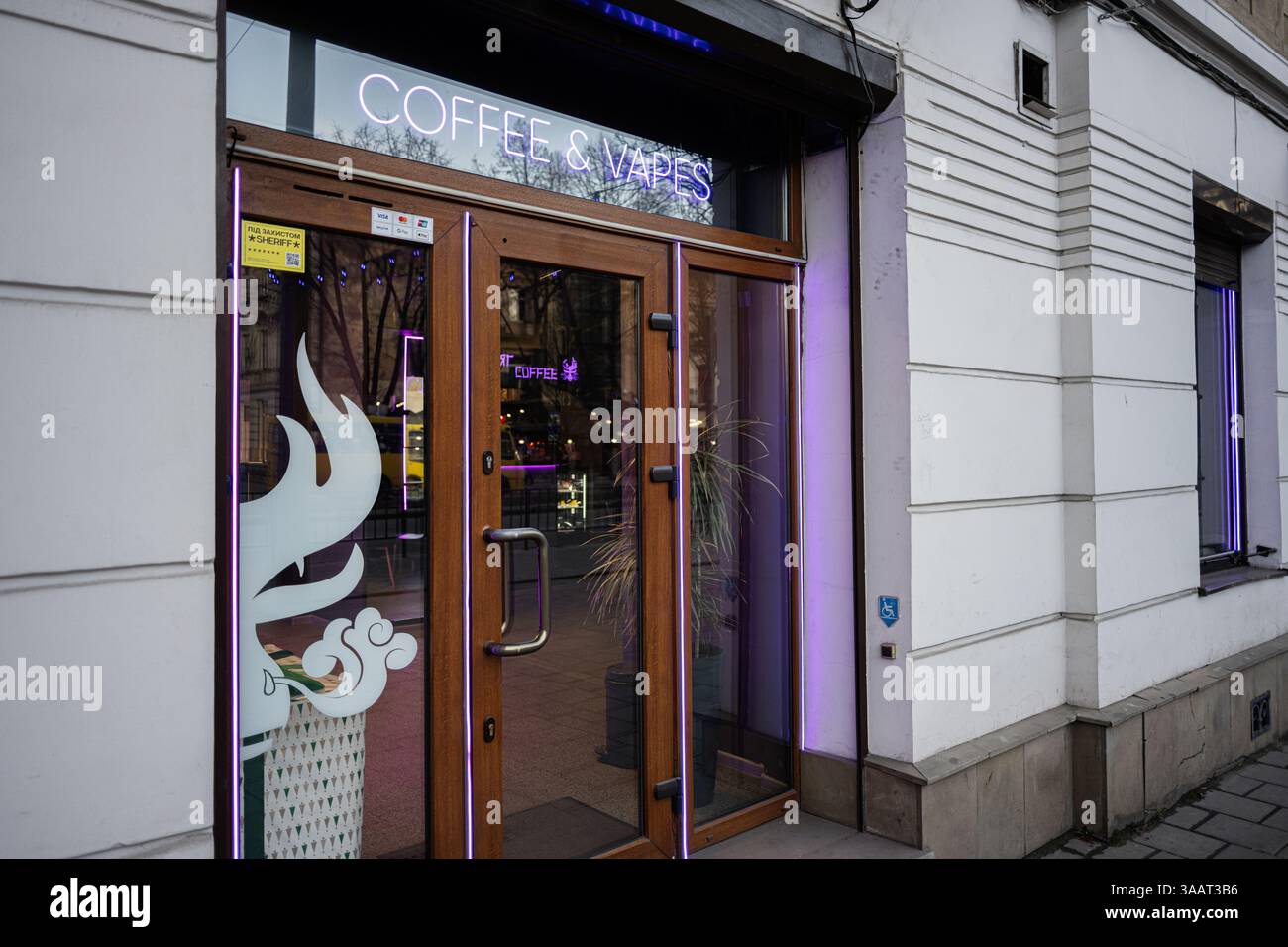 Lviv, Ukraine - March 31, 2025: Contemporary storefront with wooden ...