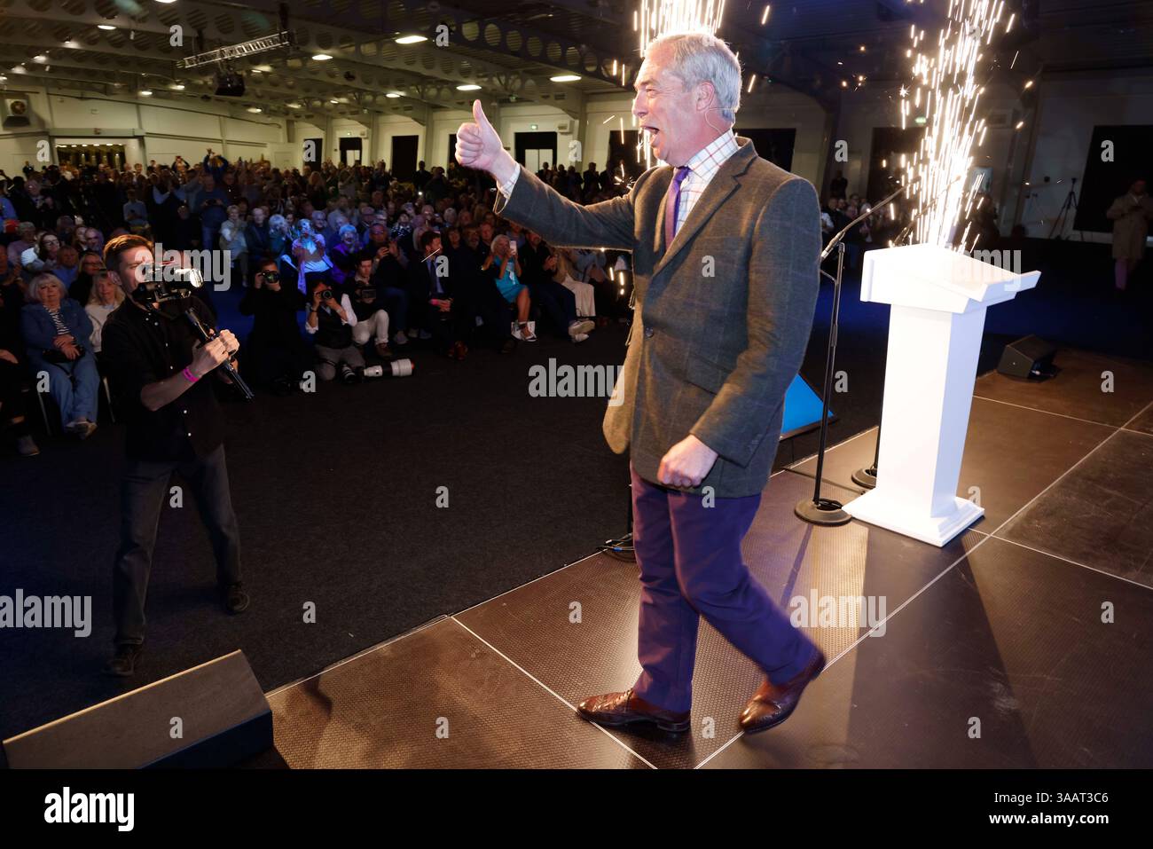 UK. 31st Mar, 2025. Nigel Farage, leader of Reform UK, election rally ...