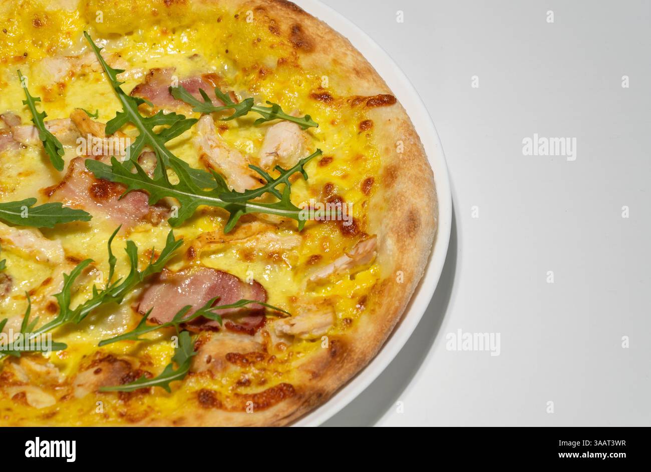 Delicious Fresh Baked Pizza with Bacon, Chicken, Mozzarella Cheese and ...