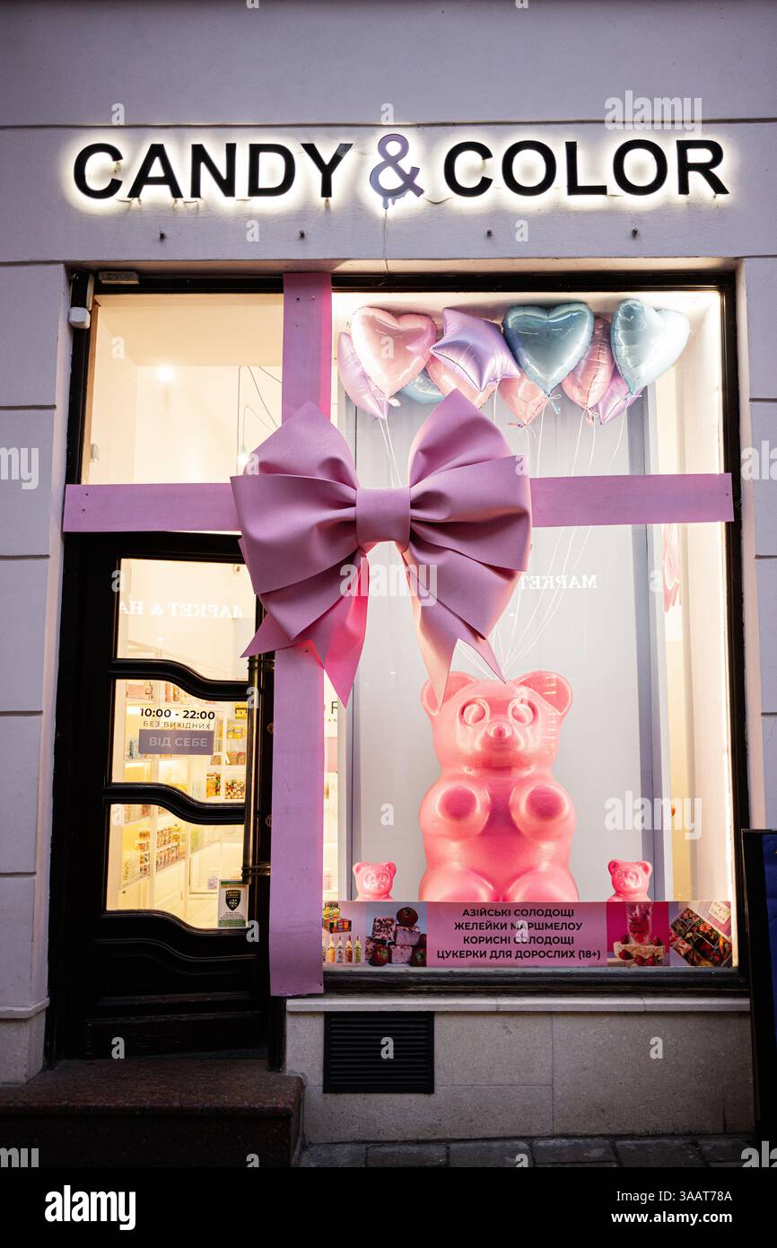 Lviv, Ukraine - March 31, 2025: Pink bow adorned storefront showcasing ...