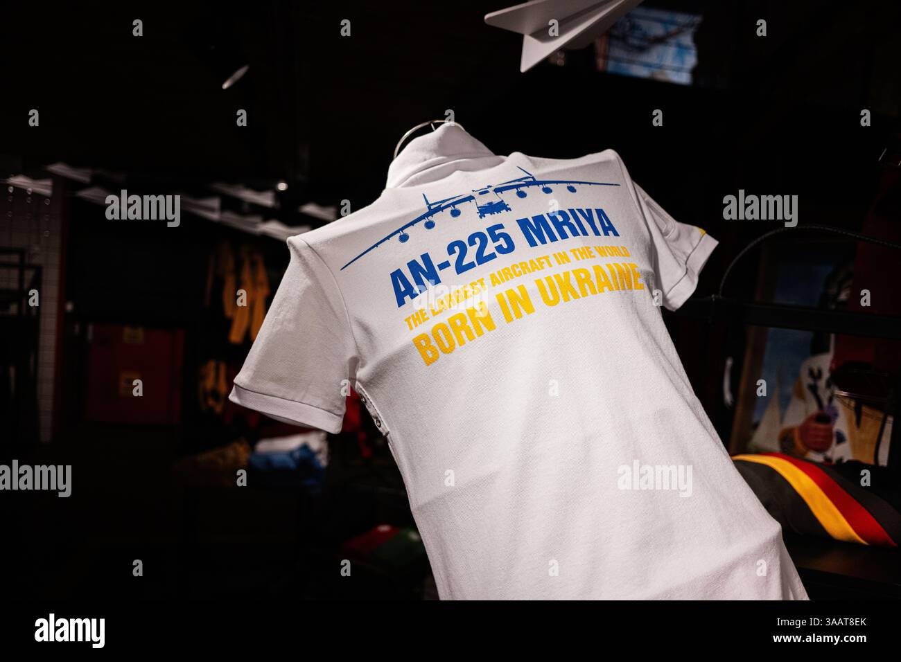 Lviv, Ukraine - March 31, 2025: White T-shirt featuring AN-225 Mriya ...