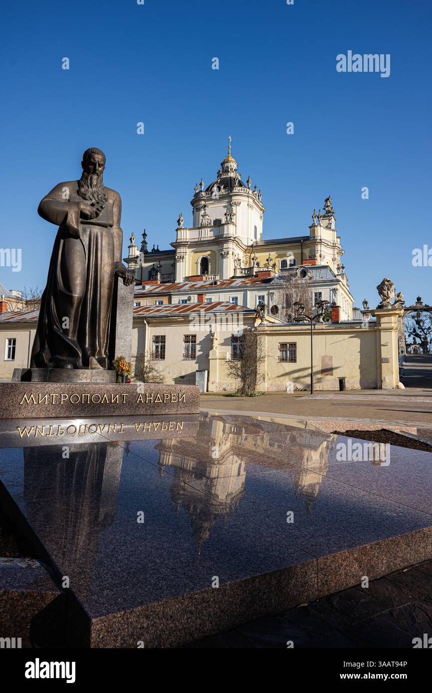Lviv, Ukraine - March 31, 2025: St. George's Cathedral. A statue Andrey ...