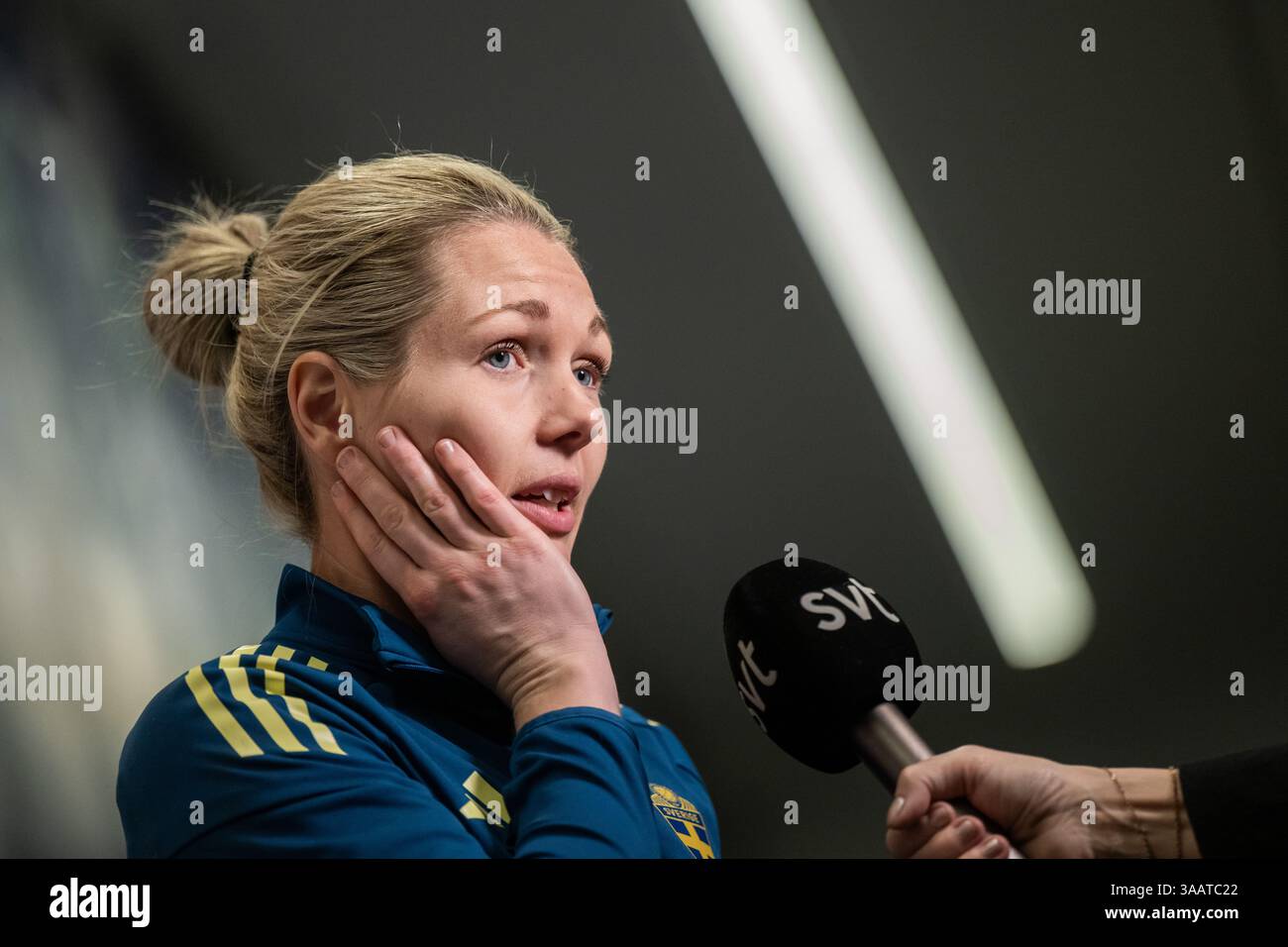 250401 Goalkeeper Jennifer Falk is interviewed in the mixed zone after ...