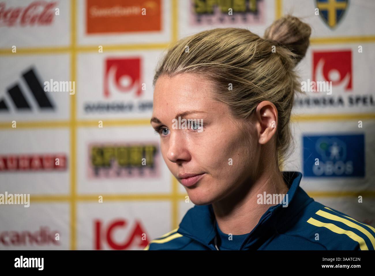 250401 Goalkeeper Jennifer Falk is interviewed in the mixed zone after ...