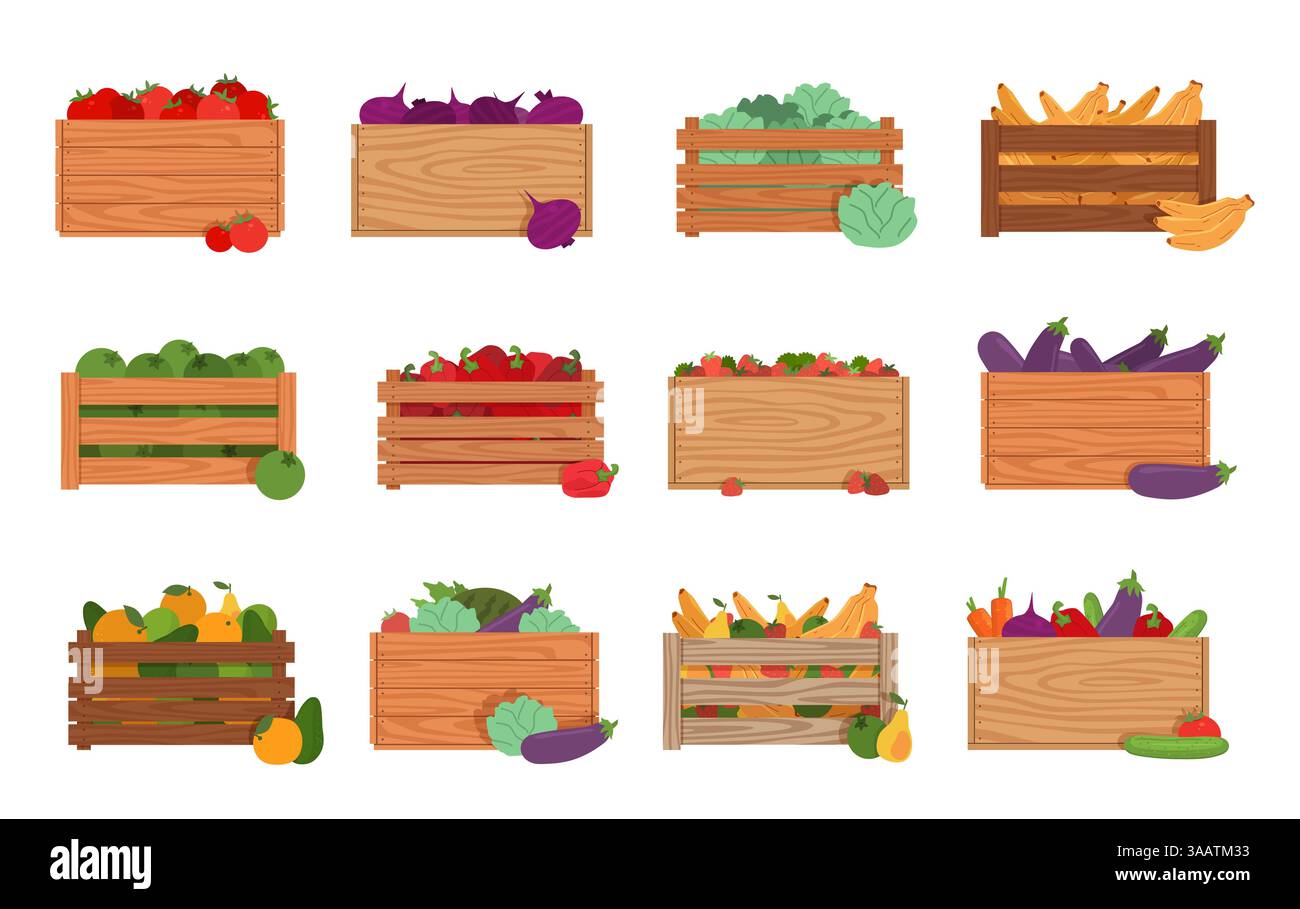 Wooden boxes with vegetables and fruits. Organic market pack, harvest ...
