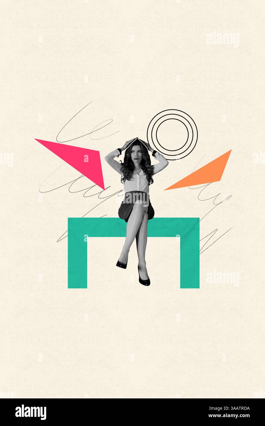 Creative collage poster of young woman sit geometry figure hold book ...