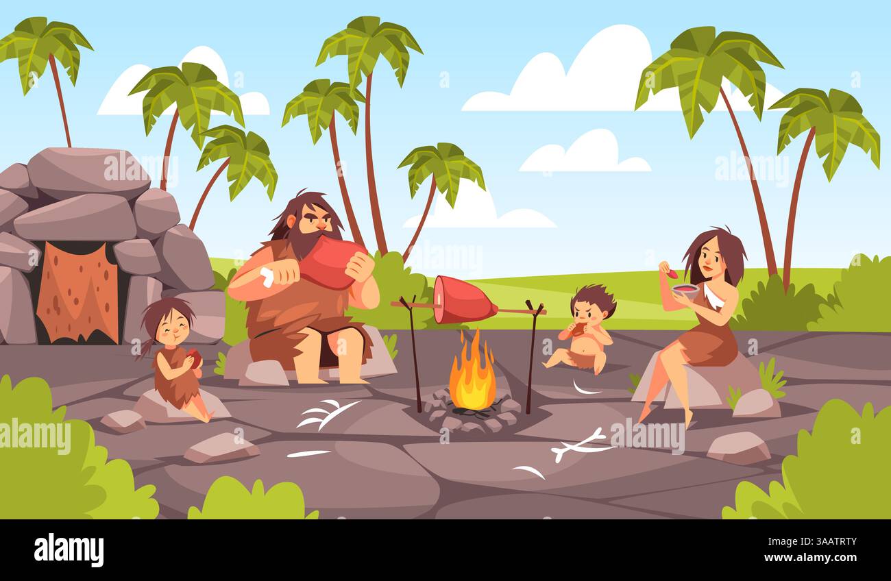 Primitive family having lunch. Stone age people eat meat around ...