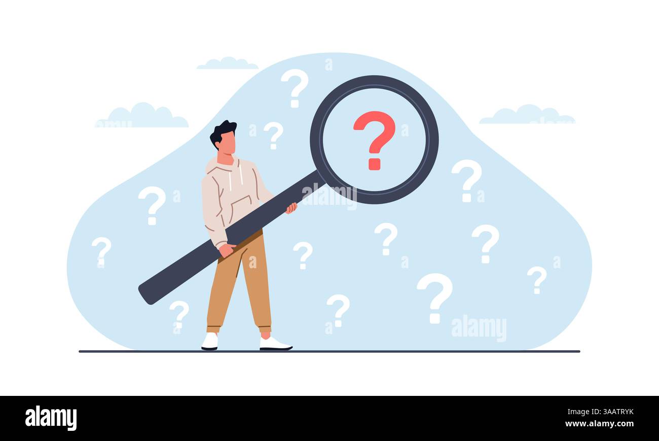 Man looking for answers to questions. Character hold magnifying glass, boy finding information ...