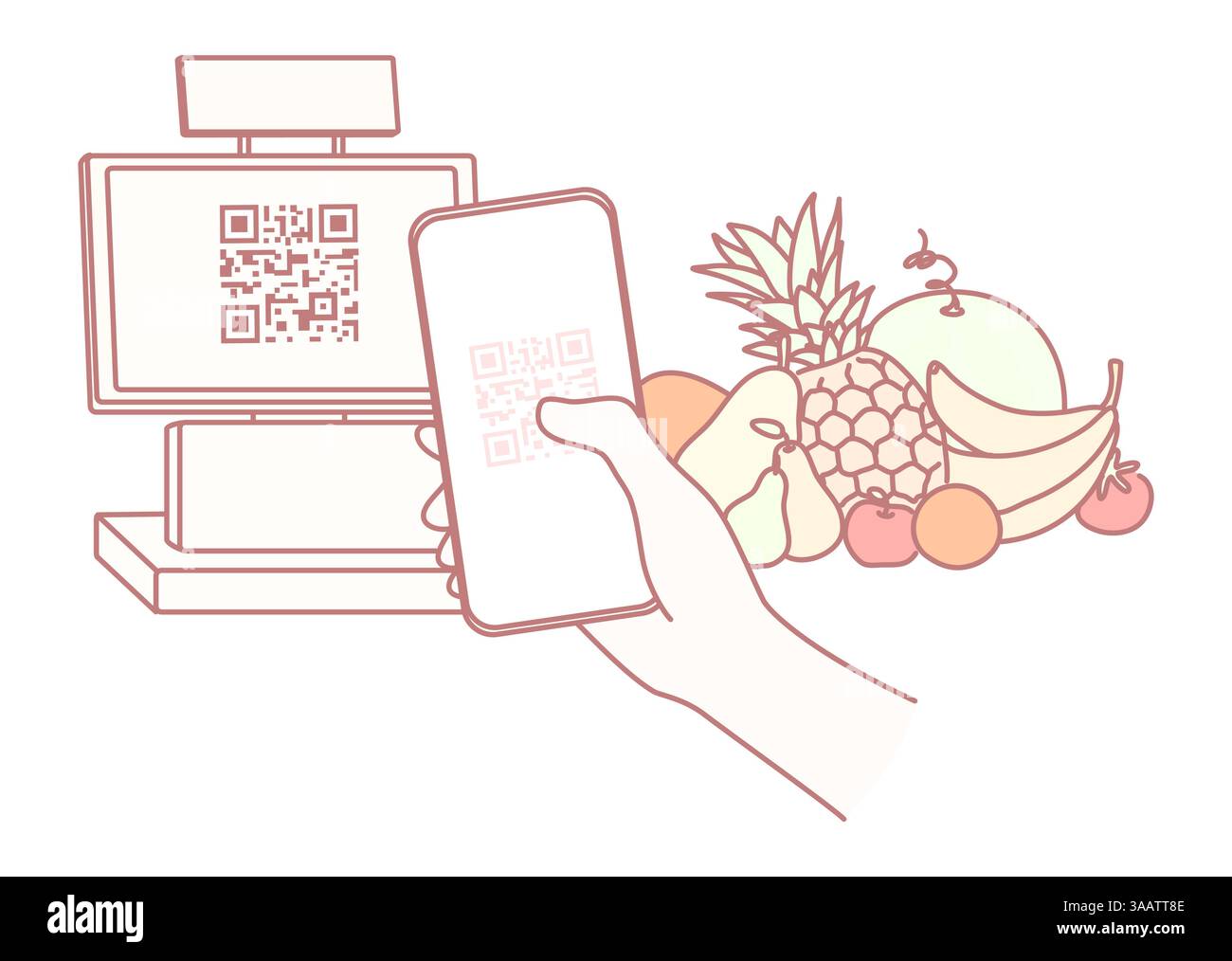 A modern checkout with a QR code and groceries illustration ...