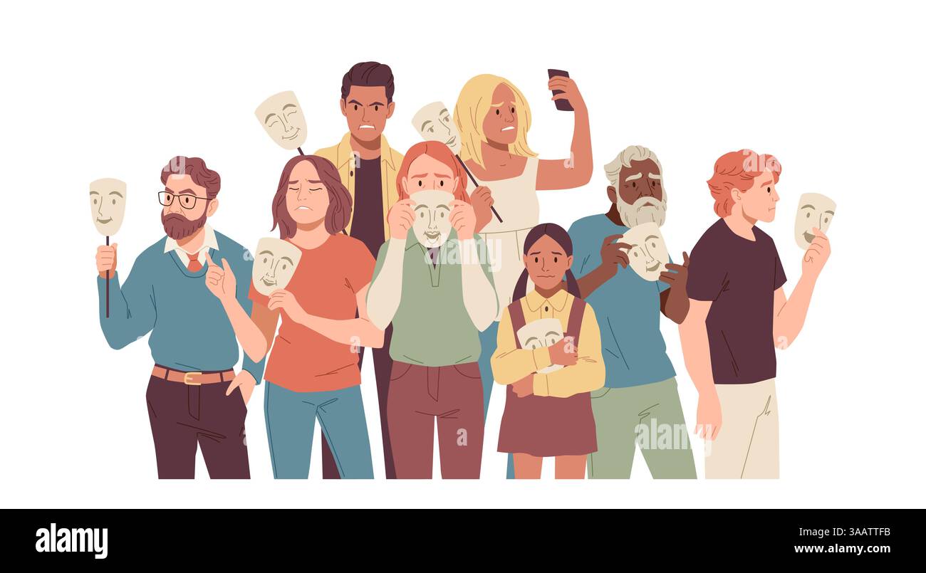 People group with social masks. Angry, sad persons holding fake smiling ...