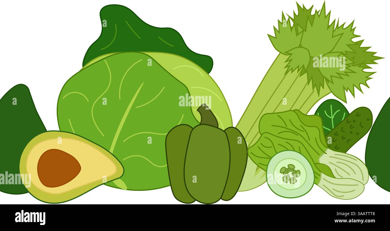 Green vegetable seamless horizontal border. Vector flat Fresh organic ...