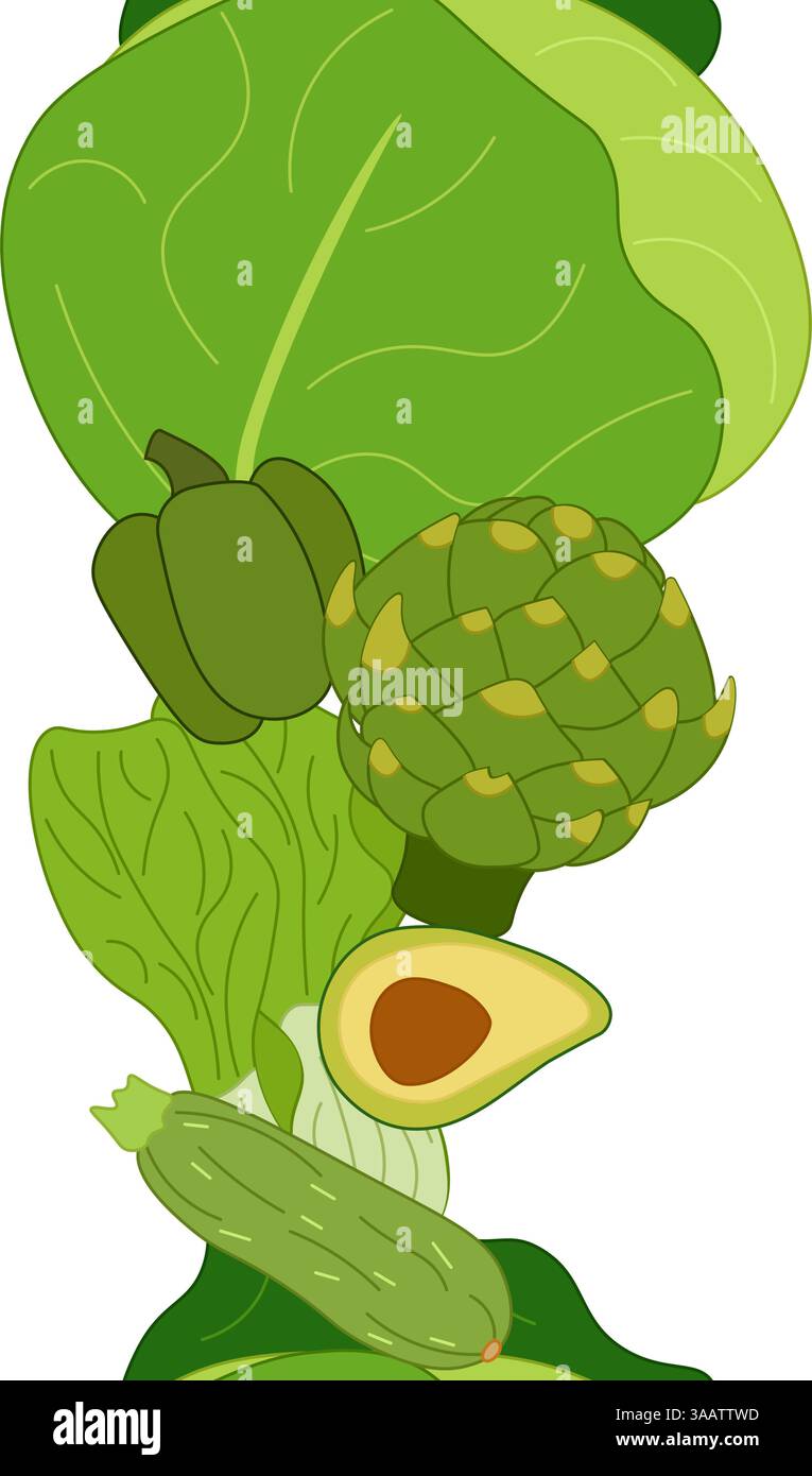 Green vegetable seamless vertical border. Vector flat Fresh organic ...