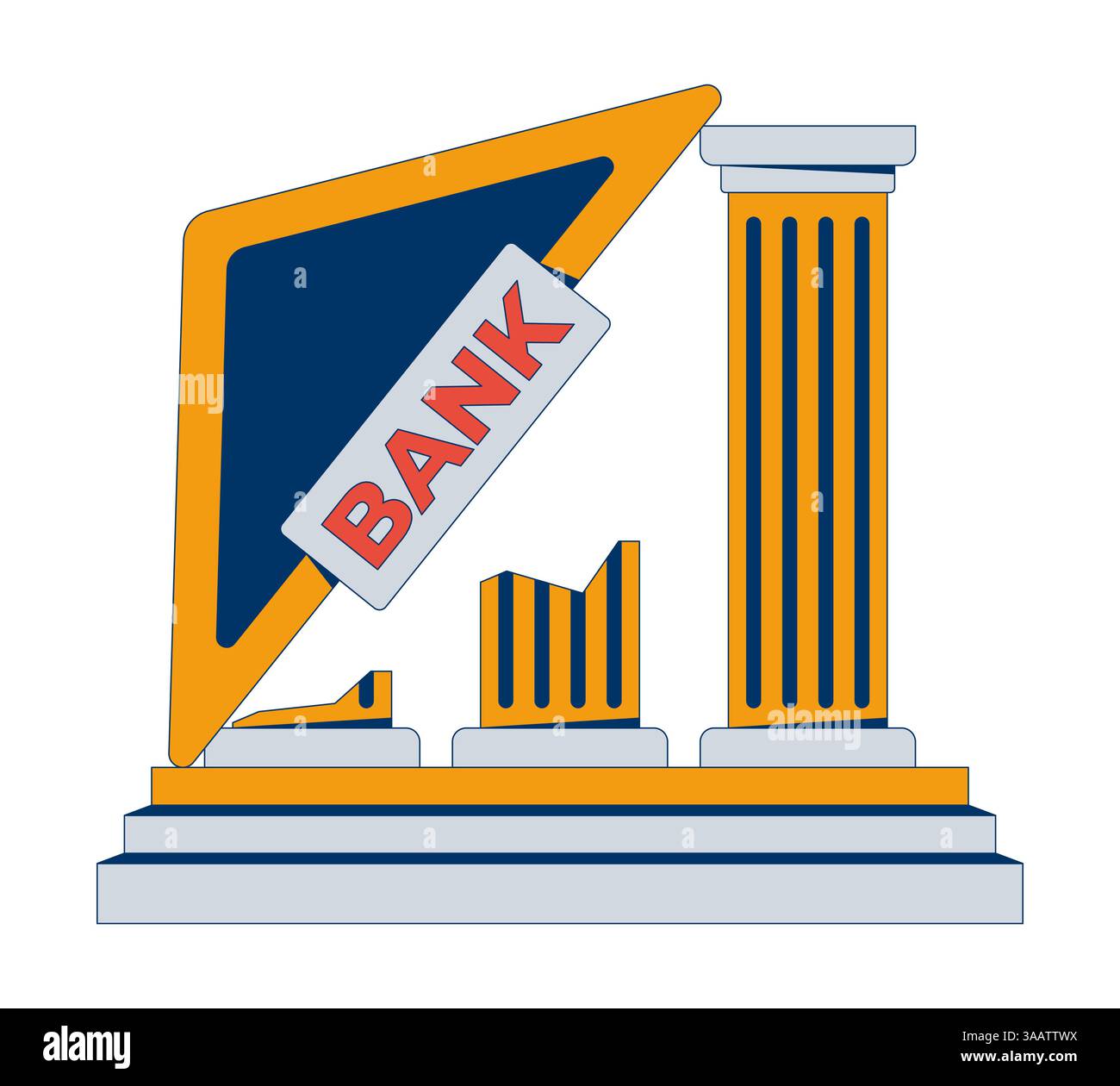 Collapsing bank structure with tilted sign, broken pillars 2D cartoon ...
