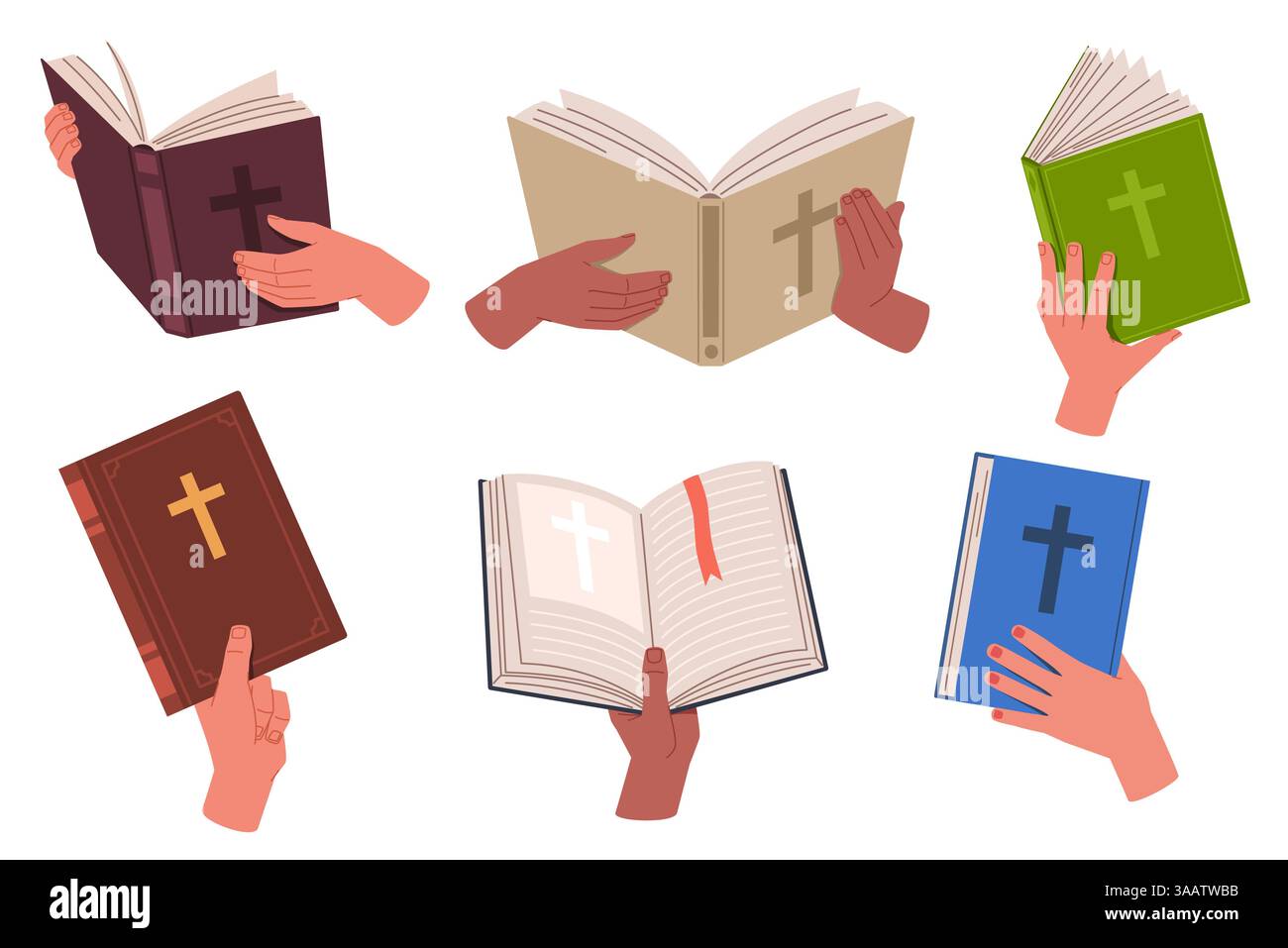 People will hold Bible in hands. Open and closed books different side ...