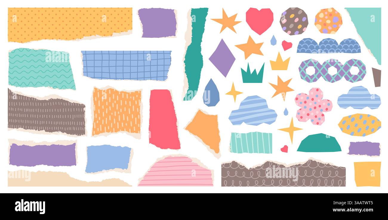 Color torn paper. Cut pieces with uneven edges and patterns, patchwork ...