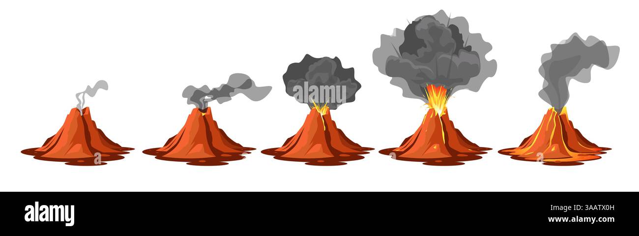 Active volcano animation. Time lapse red hot lava eruption process ...