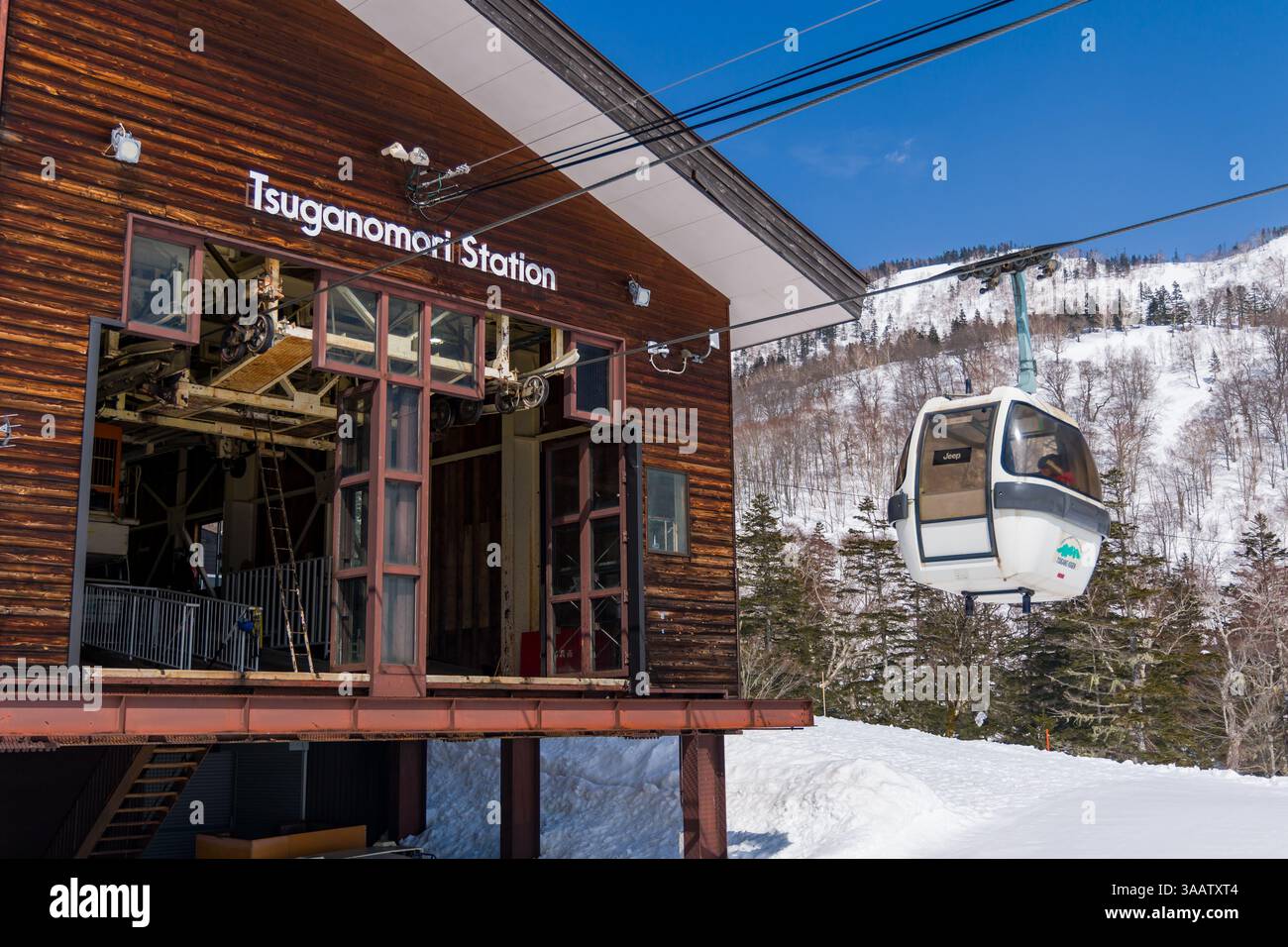 Top gondola station with snow and background forest on sunny day at ...