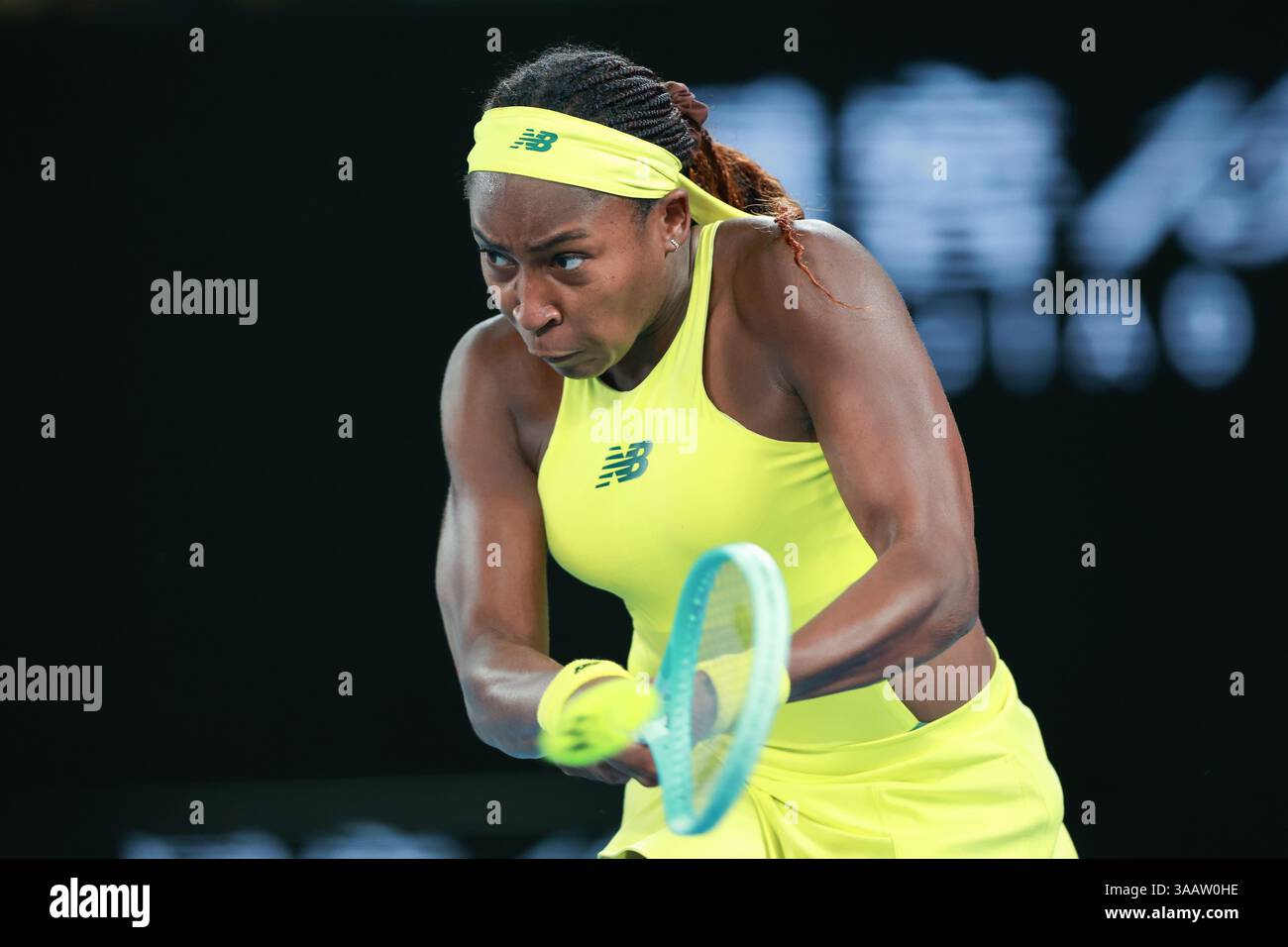 American tennis player Coco Gauff (USA) playing a backhand shot at the Australian Open 2025 ...