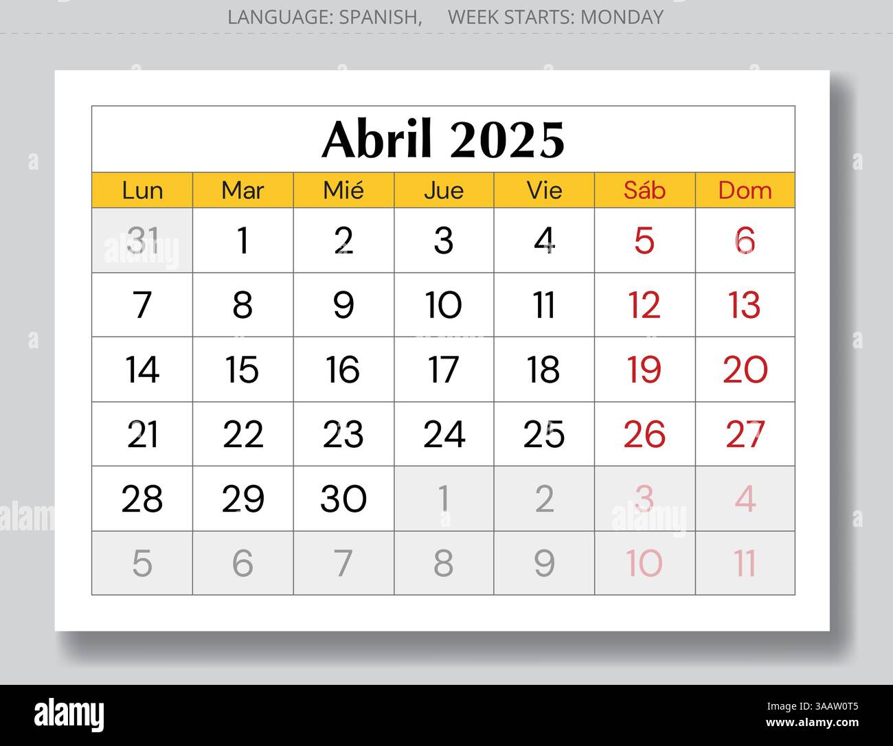 Page of 2025 Spanish april calendar - month abril. Vector illustrations ...