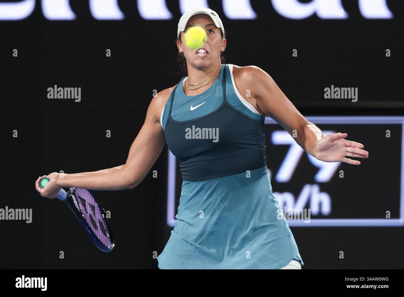 American tennis player Madison Keys (USA) playing a forehand shot at ...