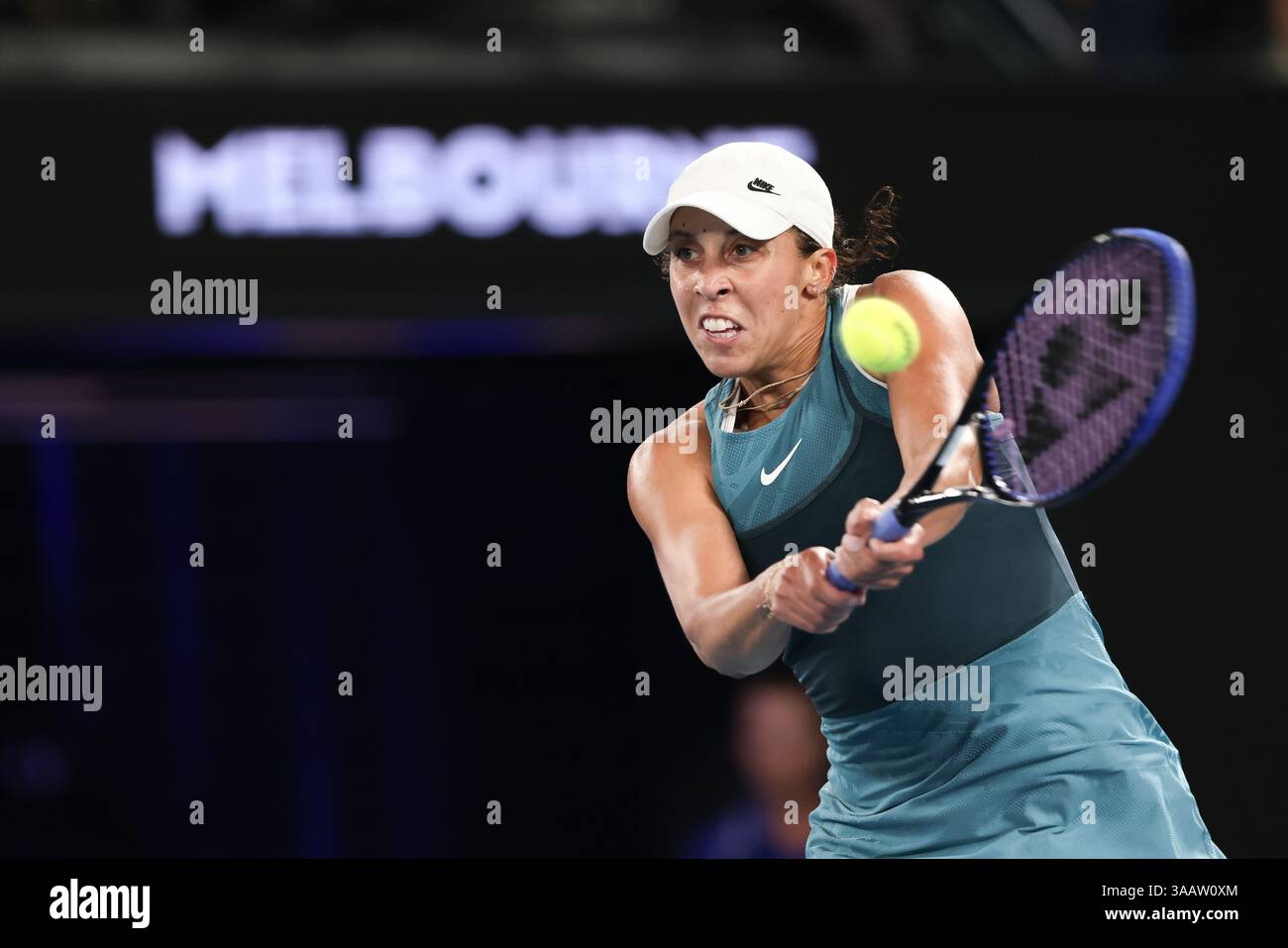 American tennis player Madison Keys (USA) playing a backhand shot at the Australian Open 2025 ...